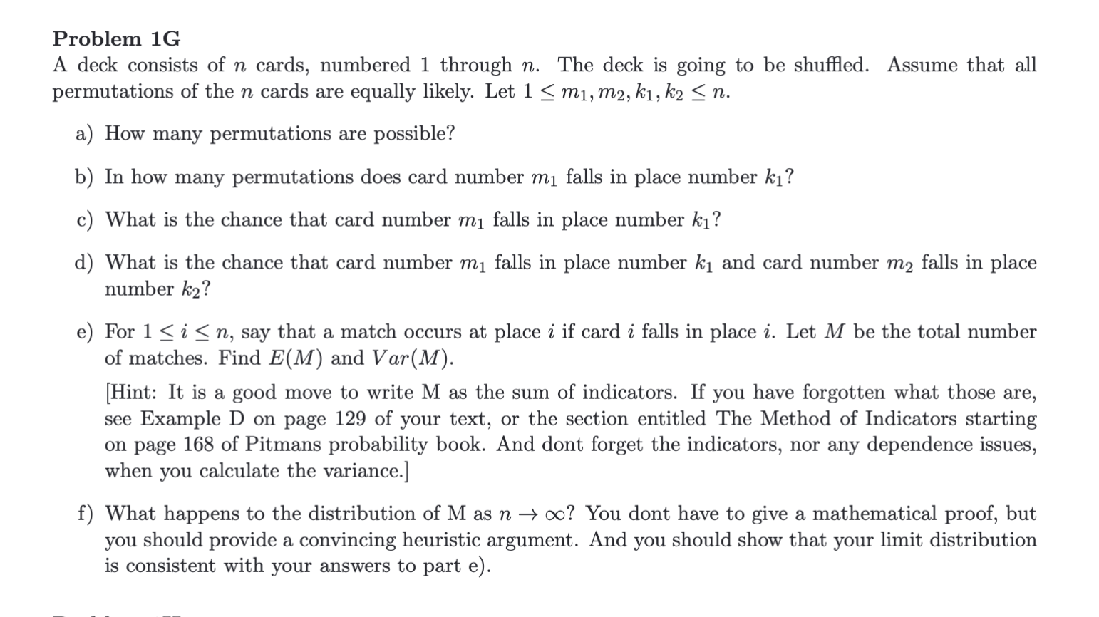 Solved Problem 1G A deck consists of n cards, numbered 1 | Chegg.com