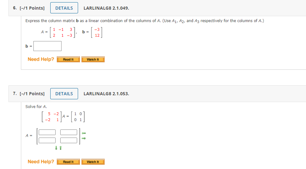 Solved 6. (-/1 Points] DETAILS LARLINALG8 2.1.049. Express | Chegg.com