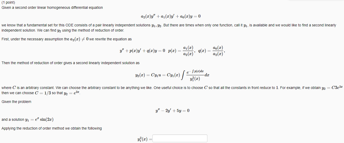Solved 1 Point Given A Second Order Linear Homogeneous