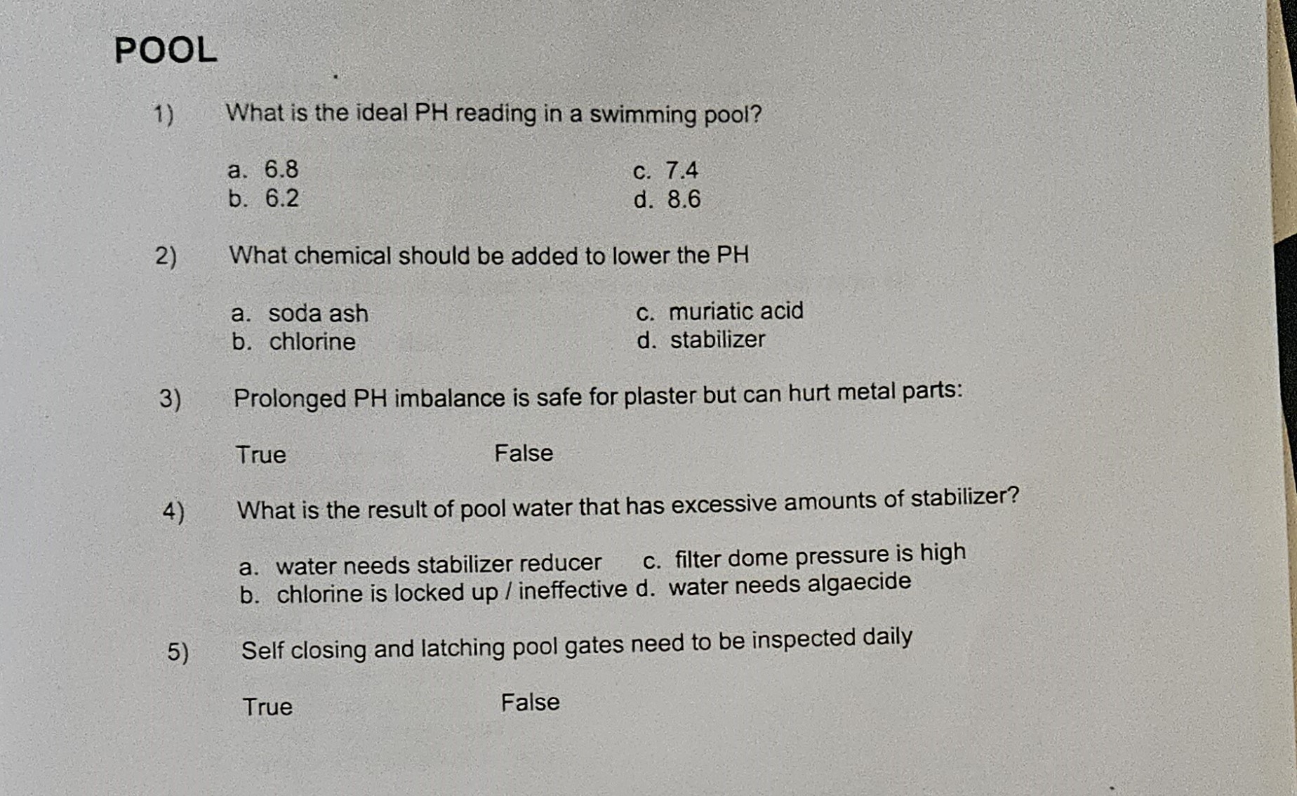 Solved 1) What is the ideal PH reading in a swimming pool? | Chegg.com