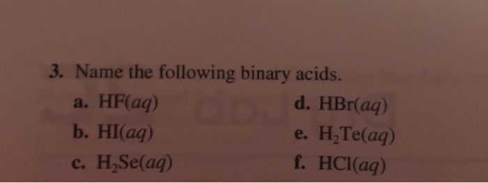 Solved 3. Name the following binary acids. a. HF(aq) b. | Chegg.com