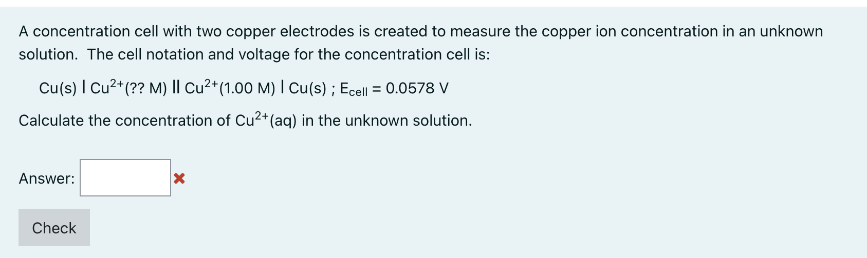 Solved A concentration cell with two copper electrodes is | Chegg.com