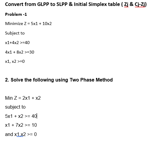 Solved Convert from GLPP to SLPP & Initial Simplex table (Zj | Chegg.com