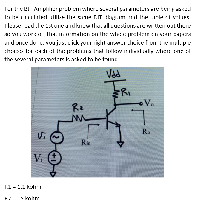 Solved For the BJT Amplifier problem where several | Chegg.com