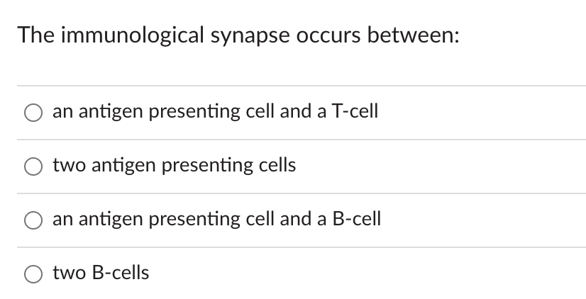 Solved The immunological synapse occurs between: an antigen | Chegg.com