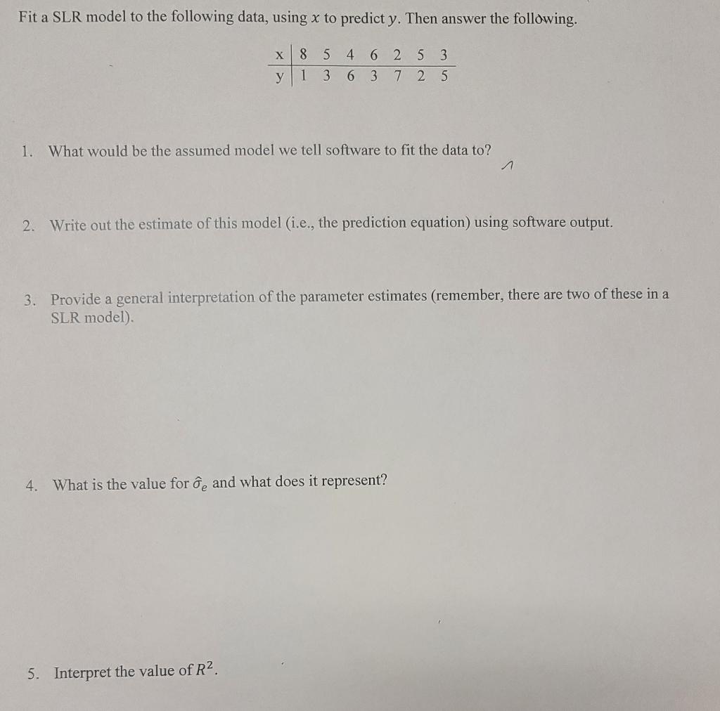 Solved Fit a SLR model to the following data, using x to | Chegg.com