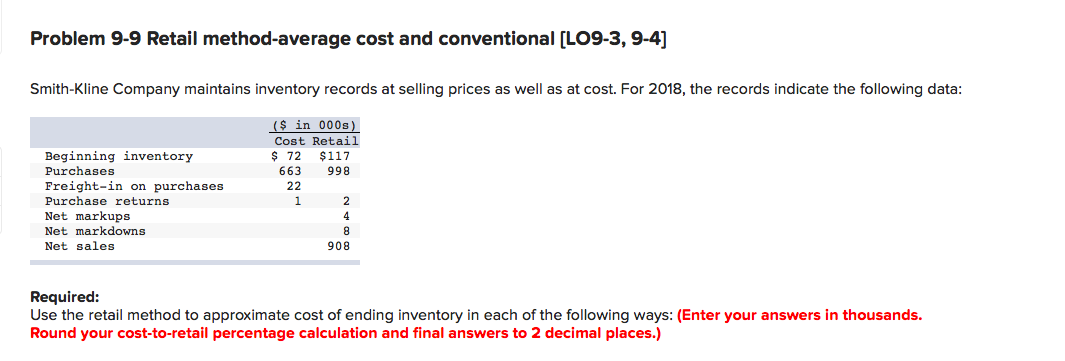 Solved Problem 9-9 Retail method-average cost and | Chegg.com