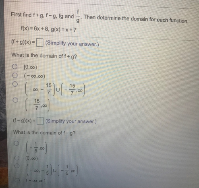 Solved First find f+g, f-g, fg andThen determine the domain | Chegg.com