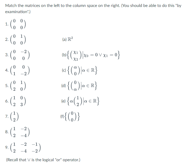 Solved Match the matrices on the left to the column space on | Chegg.com