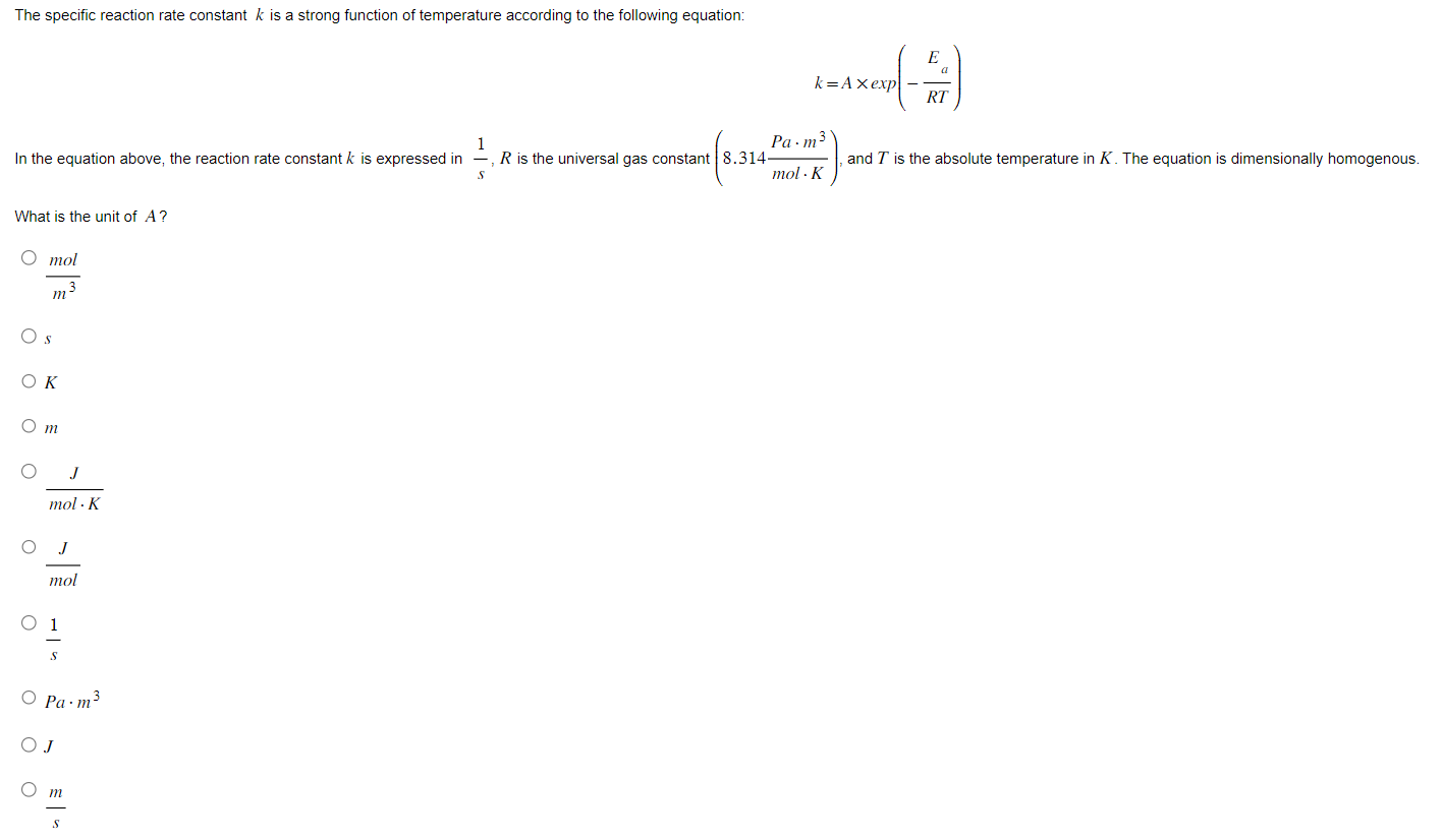 Solved The specific reaction rate constant k is a strong | Chegg.com