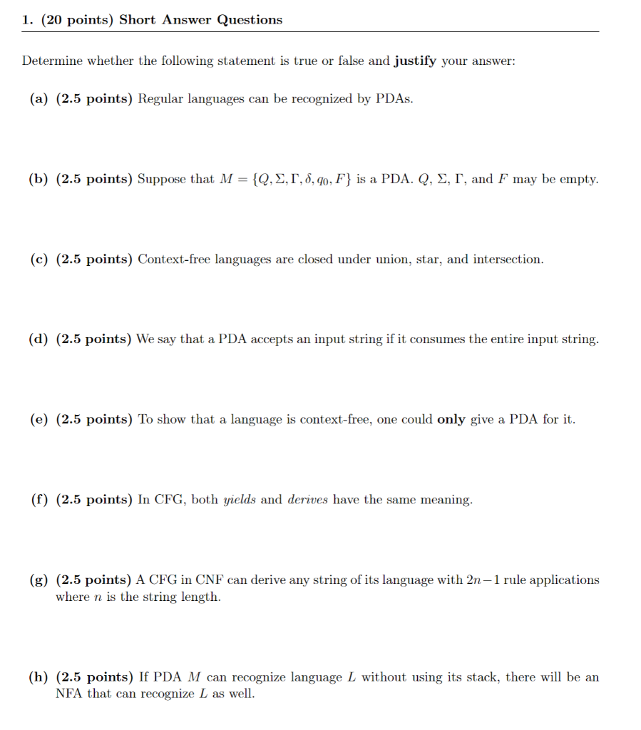 Solved 1. (20 points) Short Answer Questions Determine | Chegg.com