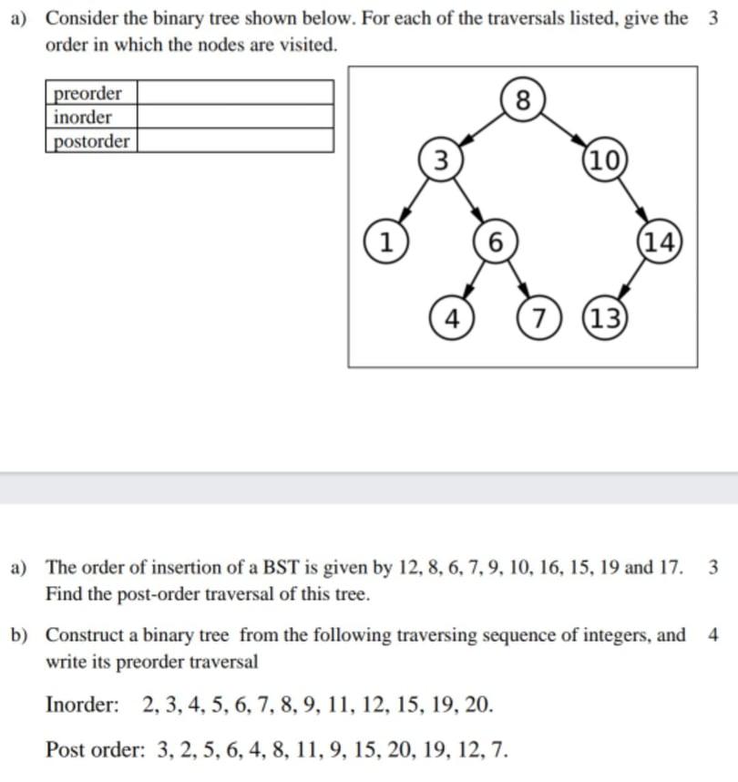 Solved a) Consider the binary tree shown below. For each of | Chegg.com