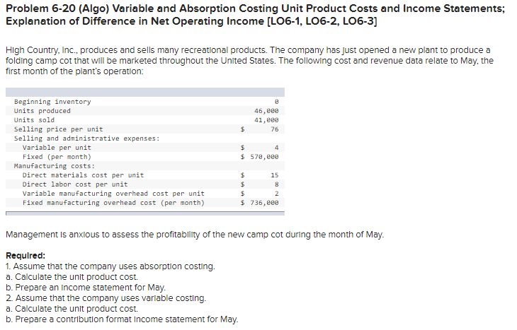 Solved Problem 6-20 (Algo) Variable and Absorption Costing | Chegg.com