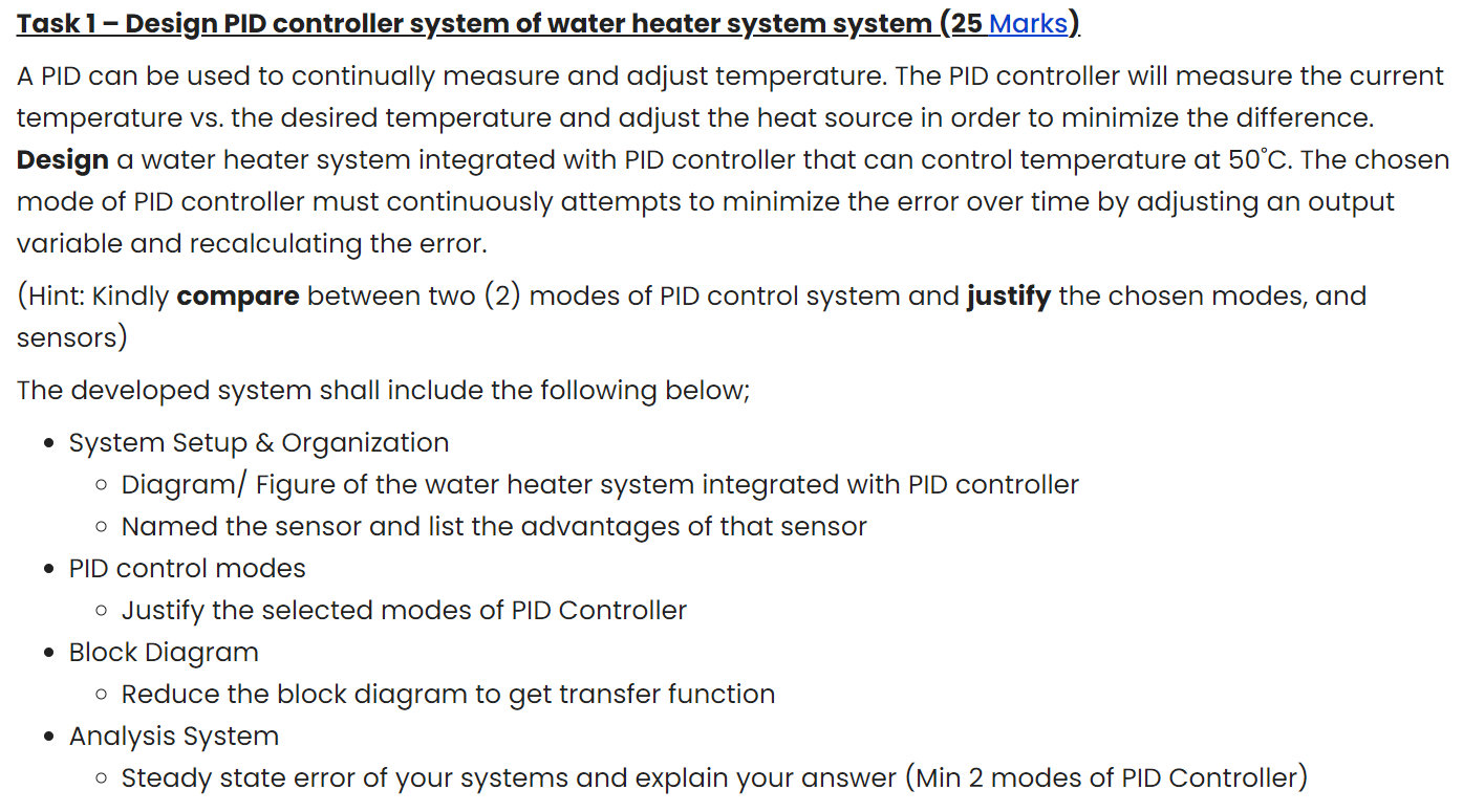 Solved Task 1 - Design PID controller system of water heater | Chegg.com
