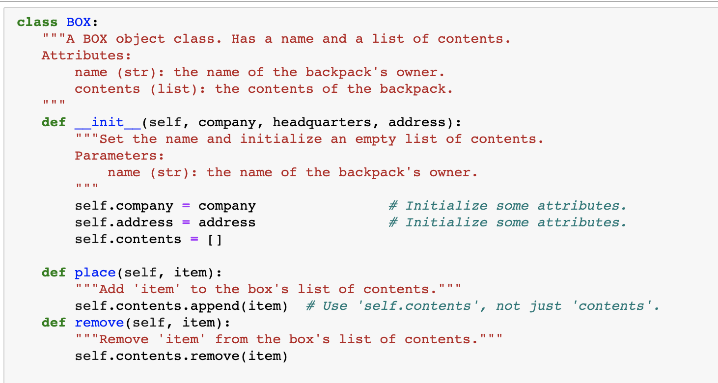 Solved class BOX: """A BOX object class. Has a name and a | Chegg.com