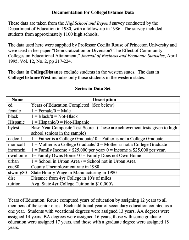Using the Excel data set, College Distance, described | Chegg.com