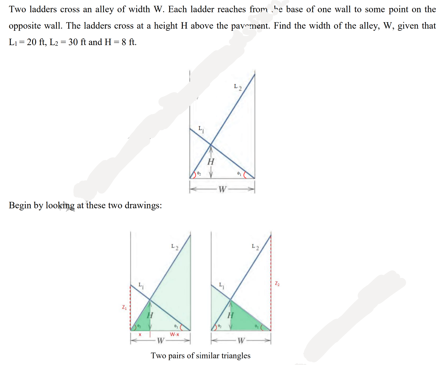 Solved My professor wants us to solve the crossing ladders | Chegg.com