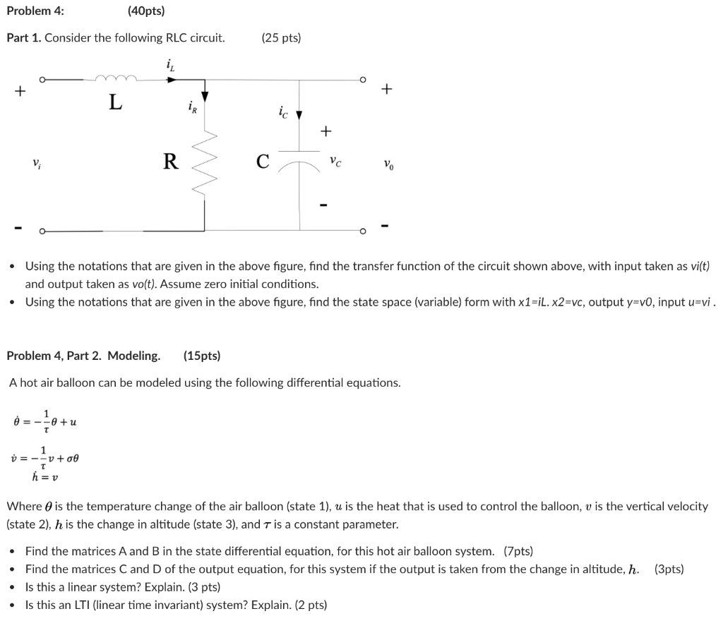 Solved Problem 4: (40pts) Part 1. Consider the following RLC | Chegg.com