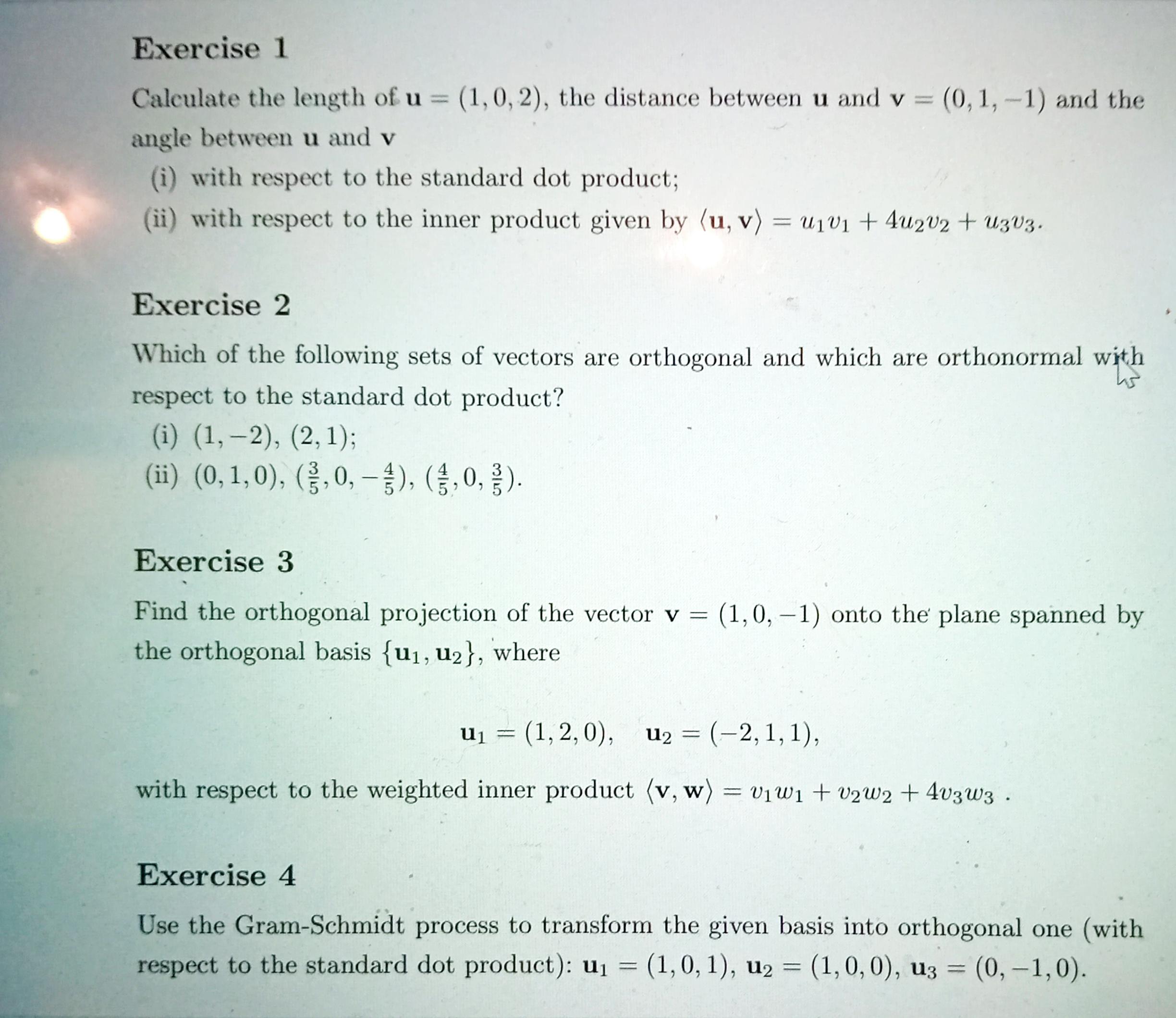 Solved Exercise 1 Calculate the length of u=(1,0,2), the | Chegg.com