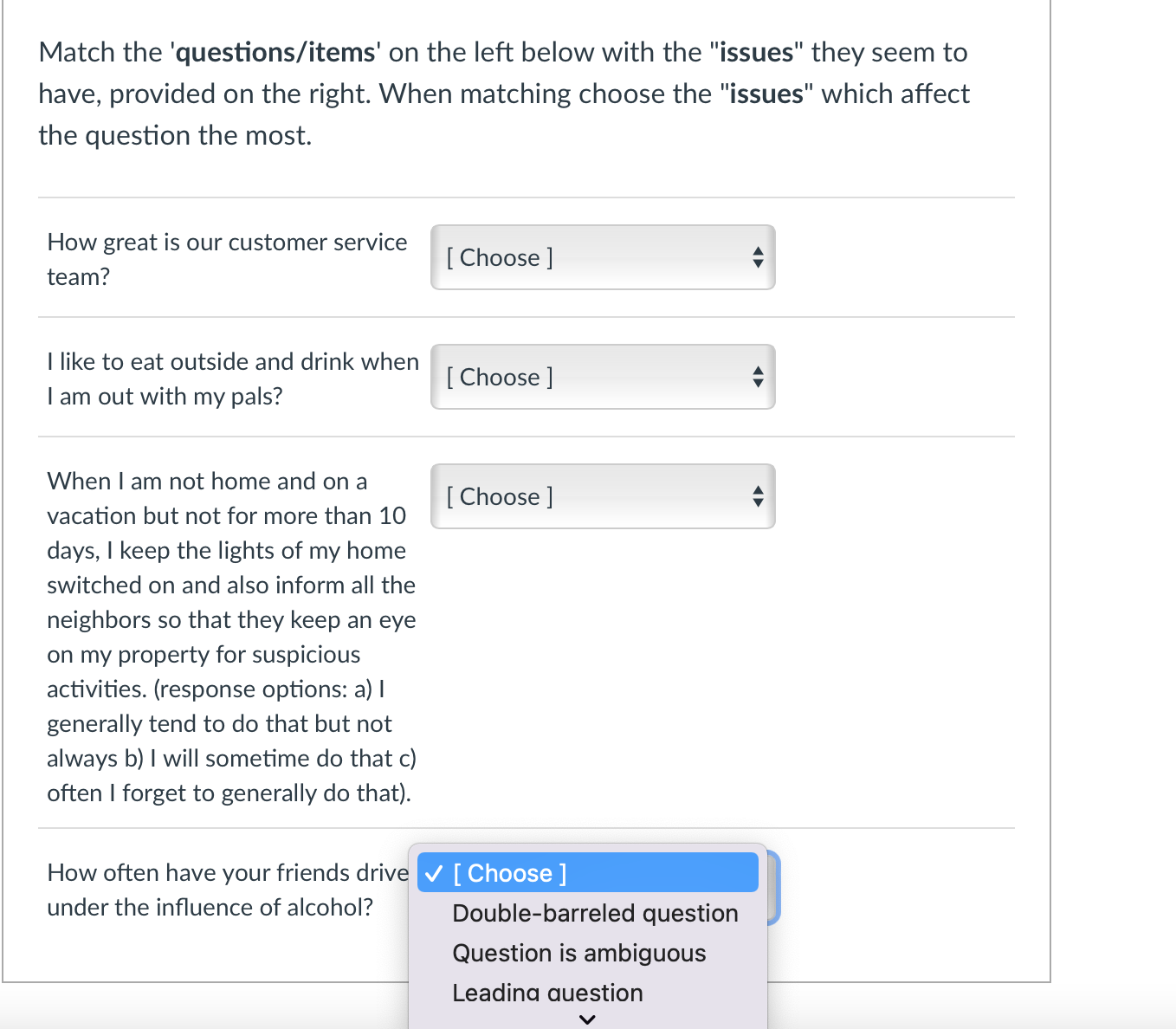 Solved Match the 'questions/items' on the left below with | Chegg.com
