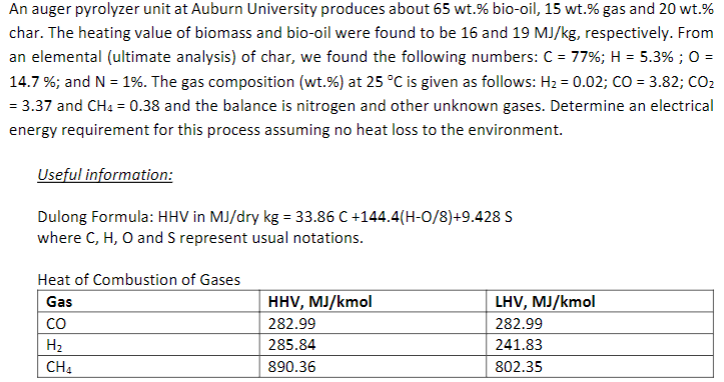 An auger pyrolyzer unit at Auburn University produces | Chegg.com