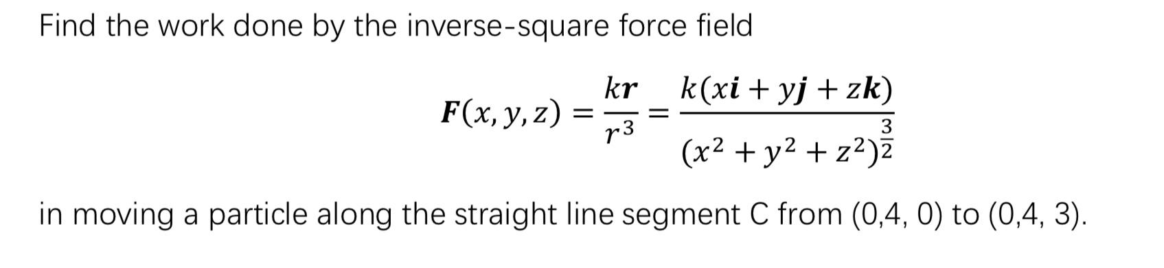 Solved Find the work done by the inverse-square force field | Chegg.com