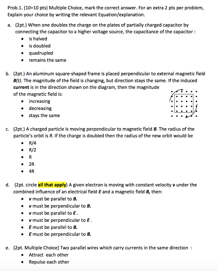 Solved Prob 1 10 10 Pts Multiple Choice Mark The Correct