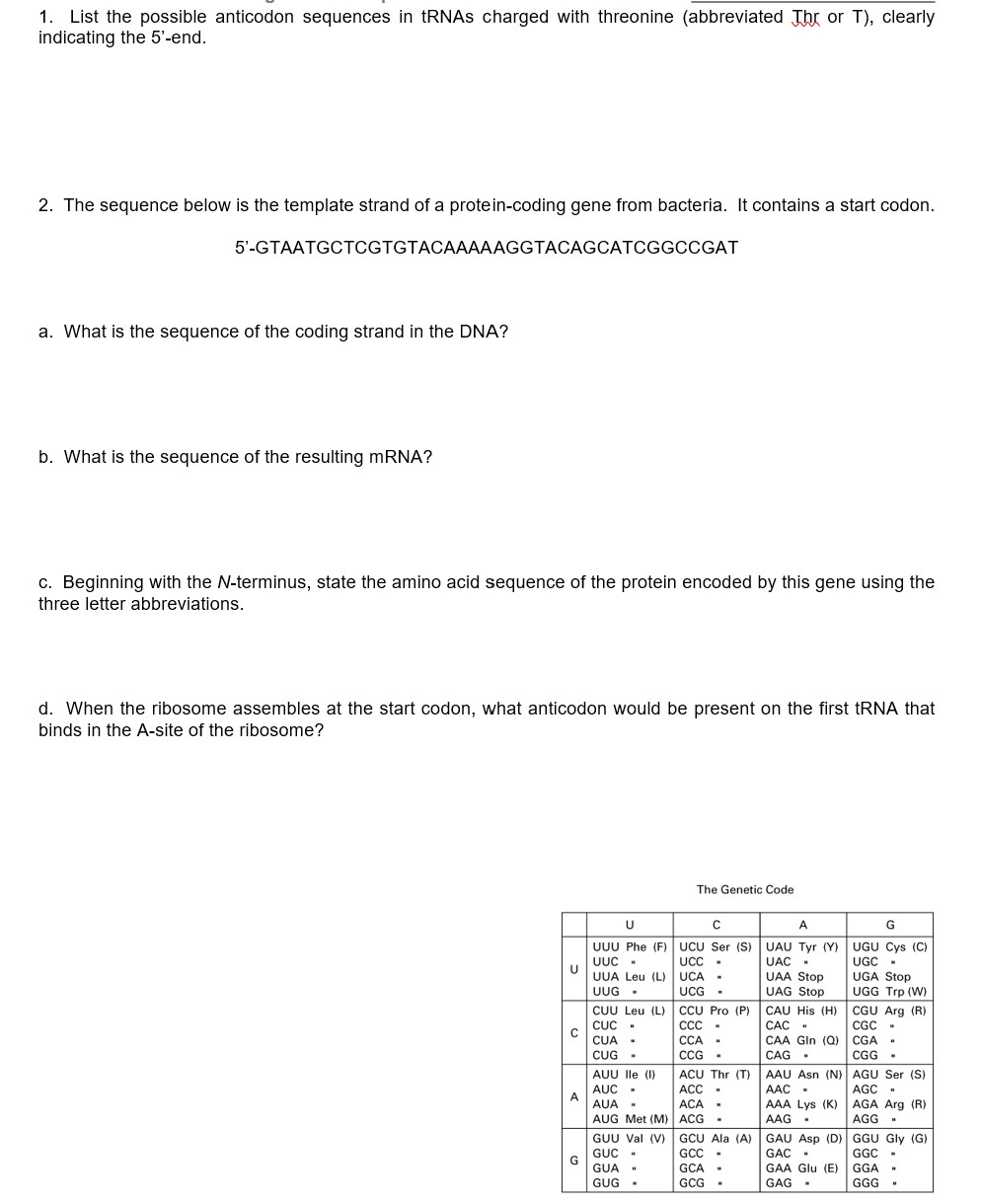Solved 1. List the possible anticodon sequences in tRNAs | Chegg.com
