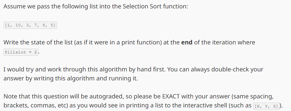 Solved Assume we pass the following list into the Selection | Chegg.com