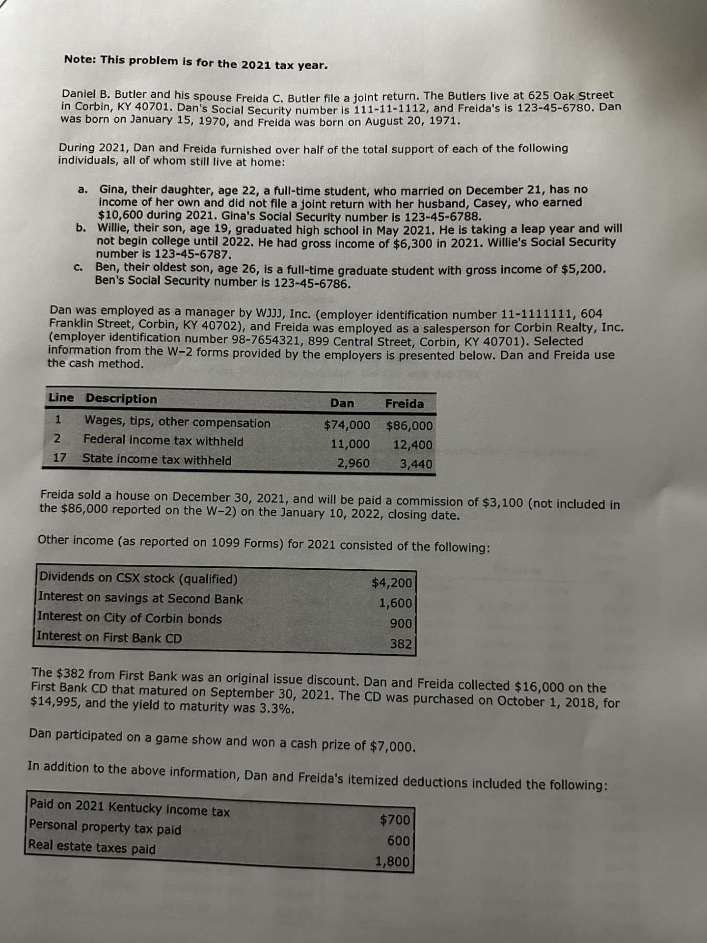 Note: This problem is for the 2021 tax year. Daniel | Chegg.com