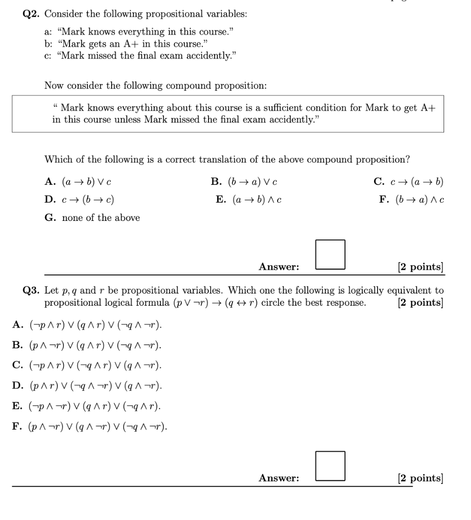 Solved Q2. Consider the following propositional variables: | Chegg.com