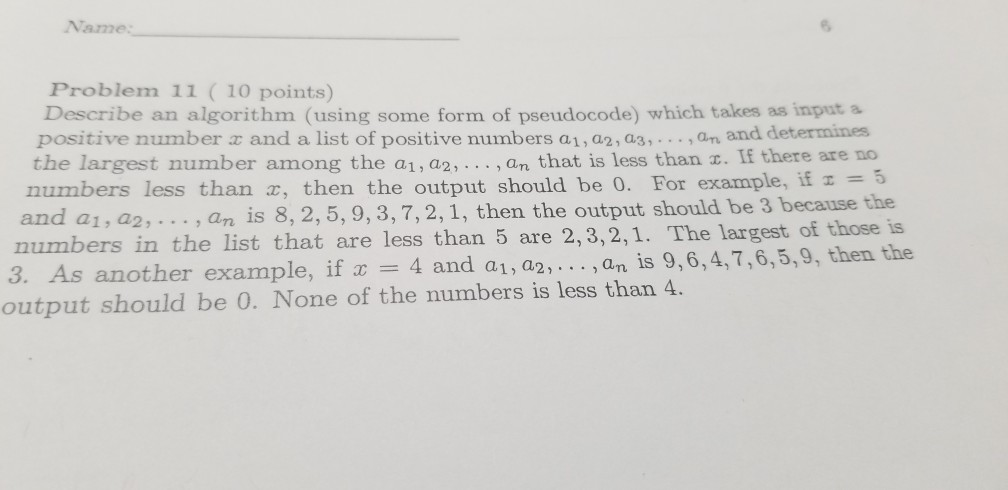 Solved Name: Problem 11 ( 10 points) Describe an algorithm | Chegg.com