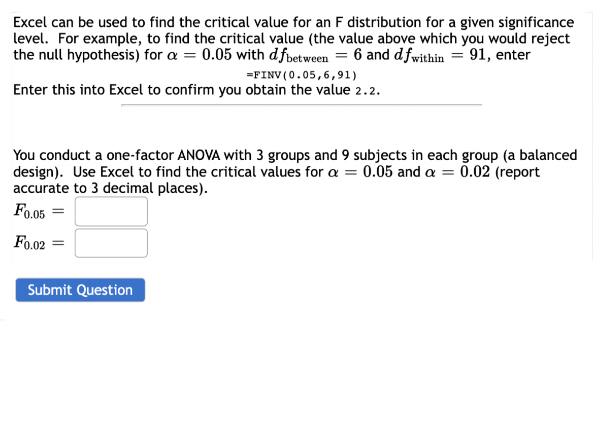 Solved Excel Can Be Used To Find The Critical Value For An F Chegg