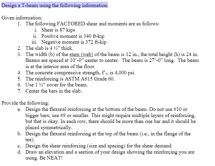 Design a T-beam using the following information. | Chegg.com