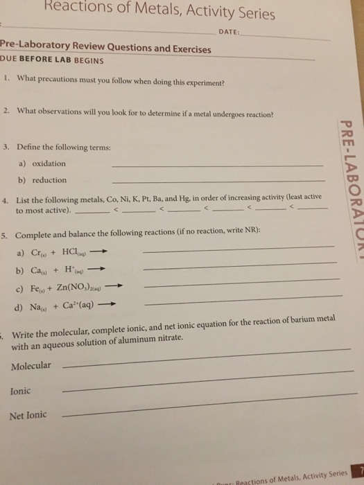 Solved Reactions of Metals, Activity Series DATE | Chegg.com