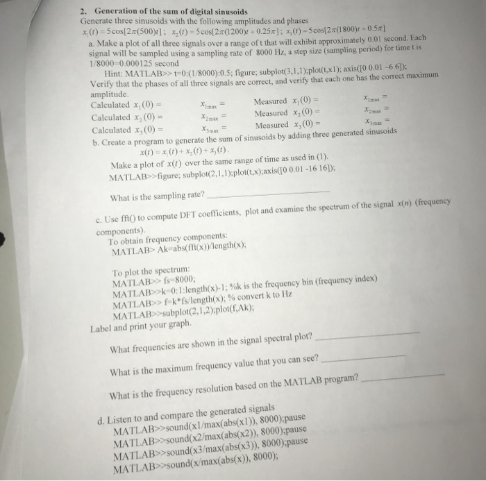 Solved 2. Generation of the sum of digital sinusoids | Chegg.com