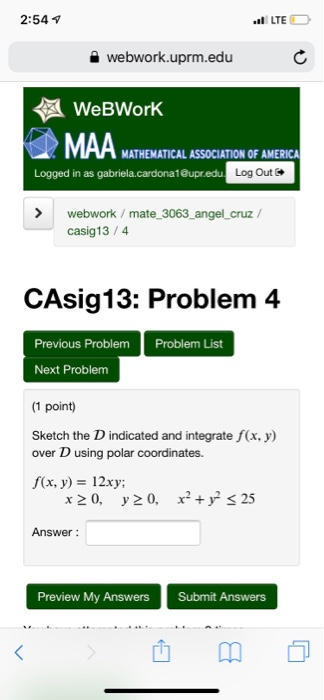 Solved 2:54 LTE webwork.uprm.edu WeBWorK MATHEMATICAL | Chegg.com