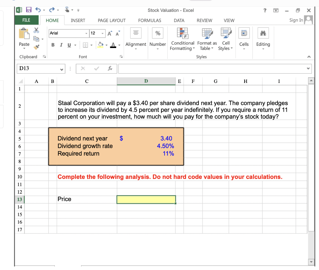 Solved X] 5- Stock Valuation - Excel ? FILE HOME INSERT PAGE | Chegg.com