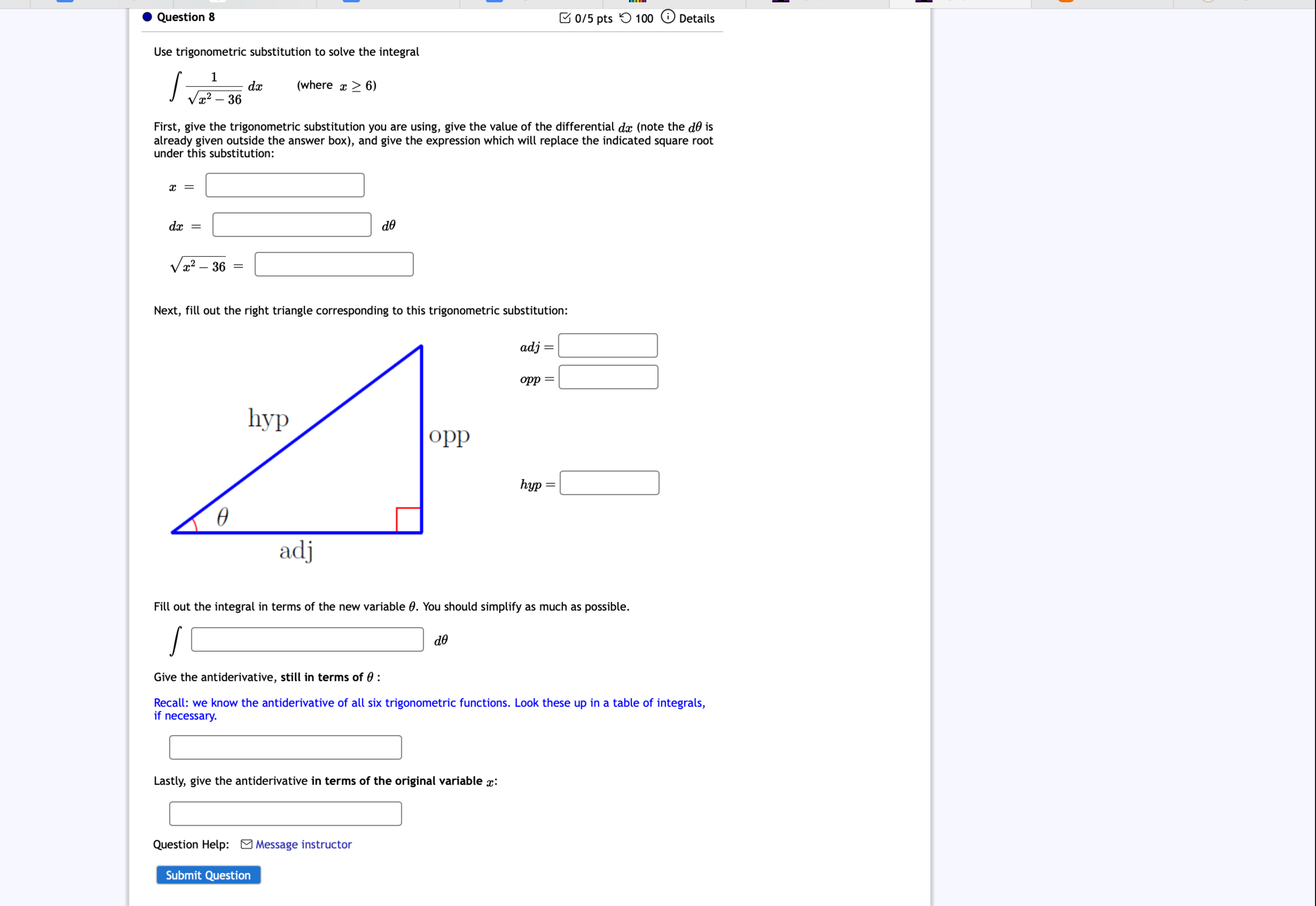Solved Use trigonometric substitution to solve the integral | Chegg.com