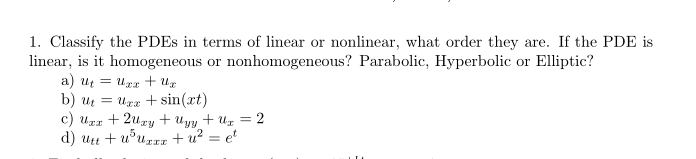 Solved 1. Classify the PDEs in terms of linear or nonlinear, | Chegg.com