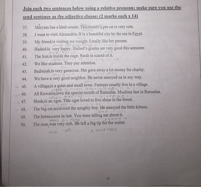 Solved Join each two sentences below using a relative | Chegg.com