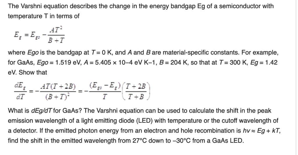 The Varshni equation describes the change in the | Chegg.com