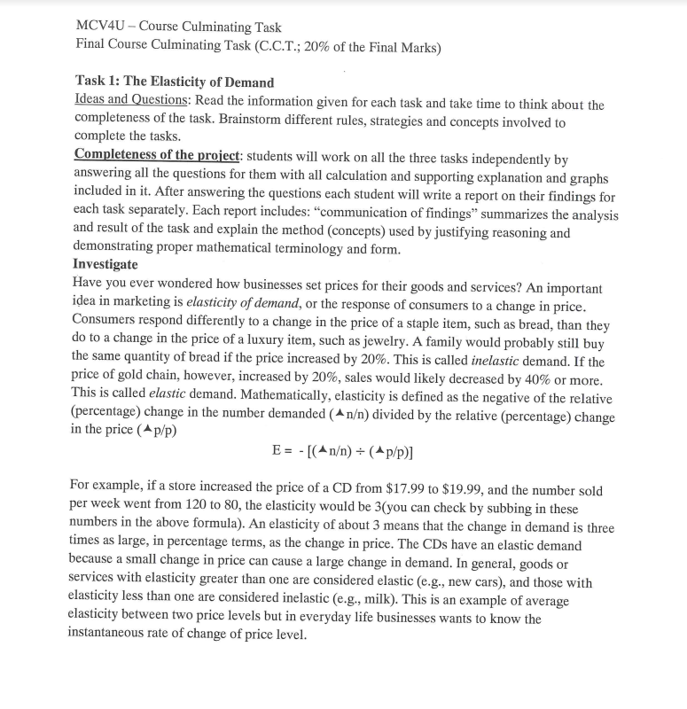 Solved MCV4U-Course Culminating Task Final Course | Chegg.com