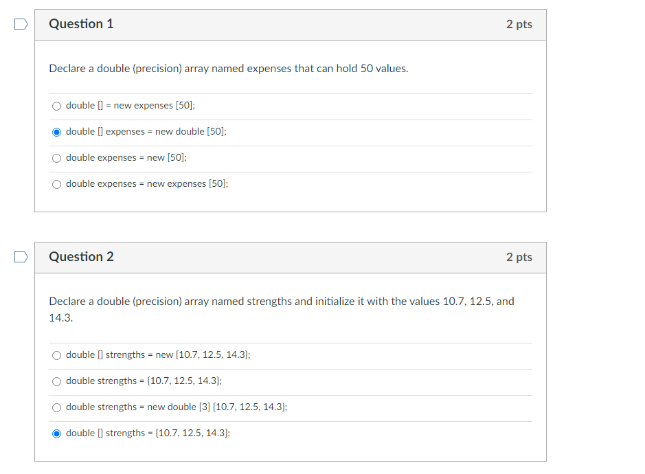 Solved Question 1 2 pts Declare a double (precision) array | Chegg.com