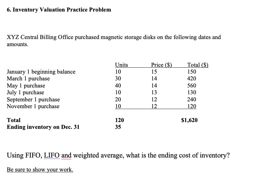 Solved 6. Inventory Valuation Practice Problem XYZ Central | Chegg.com
