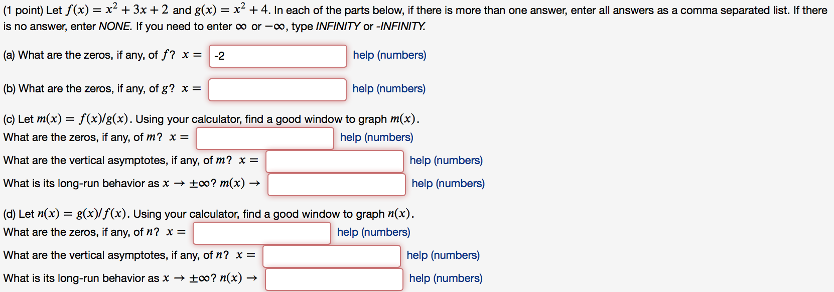 Solved (1 point) Let f(x) = x + 3x + 2 and g(x) = x' + 4. In | Chegg.com Solved (1 point) Let f(x) = x + 3x + 2 and g(x) = x' + 4. In | Chegg.com