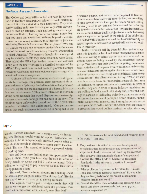 Solved CASE 2.1 Heritage Research Associates Tim Colley and | Chegg.com