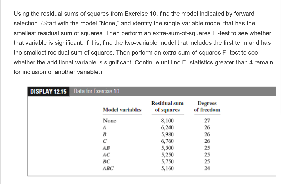 Solved Using the residual sums of squares from Exercise 10, | Chegg.com