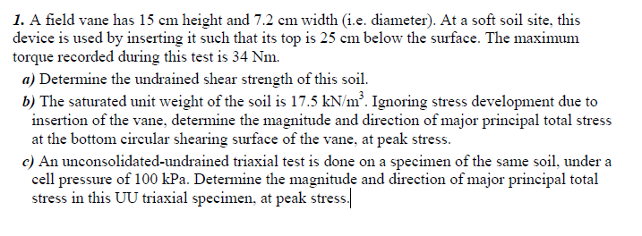 Solved 1. A field vane has 15 cm height and 7.2 cm width | Chegg.com