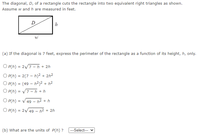 Solved The diagonal, D, ﻿of a rectangle cuts the rectangle | Chegg.com